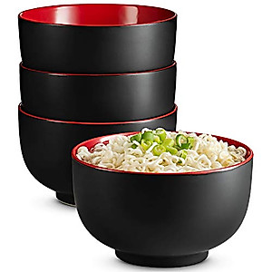 KooK Ceramic Japanese Noodle Bowl Set, Large Capacity, For Ramen, Udon, Soba, Pho and Soup, Microwave and Dishwasher Safe, 34 oz, Set of 4 (Black/Red)