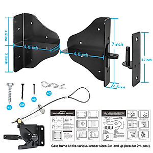 Magacyo Fence Gate Kit Gate Hardware with Gate Latch - Updated 90 Degree Right Angle Gate Hinges - Anti Sag Gate Kit - Gate Corner Brace Bracket (1 Set)