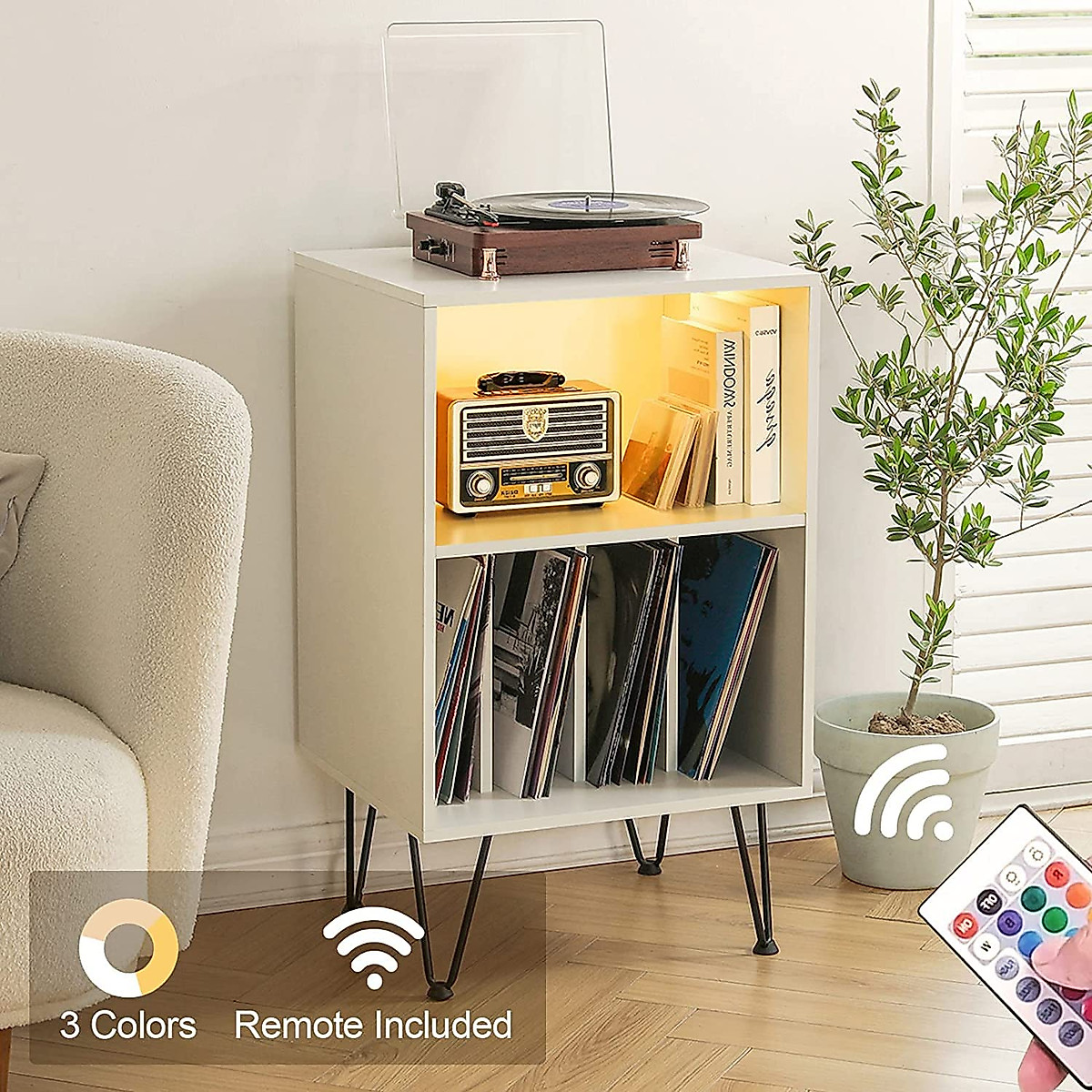 HOMMPA Record Player Stand with LED Lights White Record Storage Stand Vinyl Record Storage Cabinet with Metal Hairpin Legs Turntable Stand Table Holds Up to 150 Albums for Living Room Bedroom White