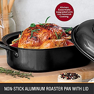 Granite Stone Oval Roaster Pan, Medium 18.8” Ultra Nonstick Roasting Pan with Lid, Grooved Bottom for Basting, Broiler Pan for Oven, Dishwasher Safe, Up to 15lb Turkey / Roast, Serves 6 – 12 Guests