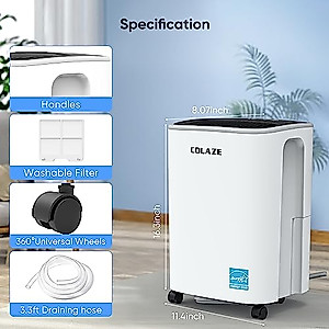 2500 Sq. Ft 30 Pint Dehumidifier, COLAZE DH01 Energy Star Dehumidifiers with Drain Hose for Home Basement Bedroom Bathroom, Auto Defrost & Overflow & Timer & Dry Function with 0.66 Gal Bucket