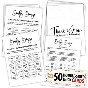 WOODAMORE Baby Shower Bingo Game for Girl - Baby Bingo for Baby Shower Boy, Bingo Baby Shower Game Gender Neutral for 50 Guest, Fun Baby Shower Activities
