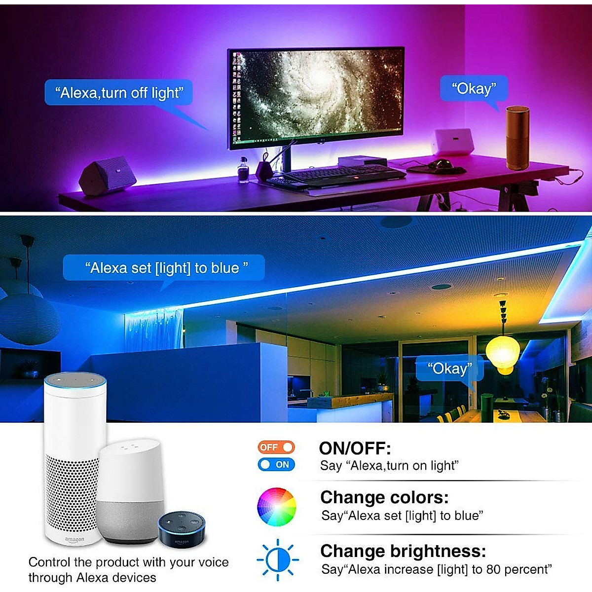 LuxLumin LED Strip Lights,65.6ft LED Light Strip with Remote, Music Sync WiFi APP Control Color Changing Light Strip, RGB LED Strip Lights for Bedroom,Work with Amazon Alexa Google Assistant