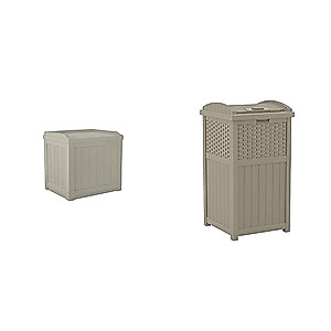 Suncast Small Deck Box-Lightweight Resin Indoor/Outdoor Storage Container and Seat Cushions and Gardening Tools Store Items on Patio & 33 Gallon Hideaway Trash Can for Patio - Resin Outdoor