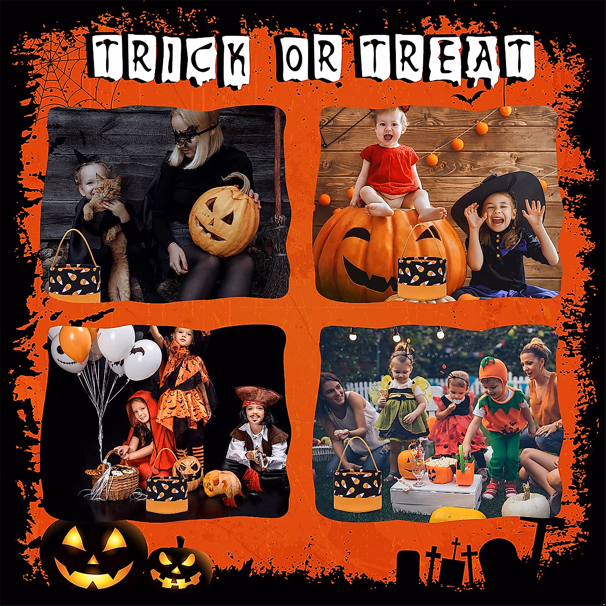 Leziazany Halloween Trick or Treat Bag Halloween Candy Bucket Fabric Tote Gift Candy Bag Candy Polka Dot Skull Pumpkin Stripe Halloween Party Favors