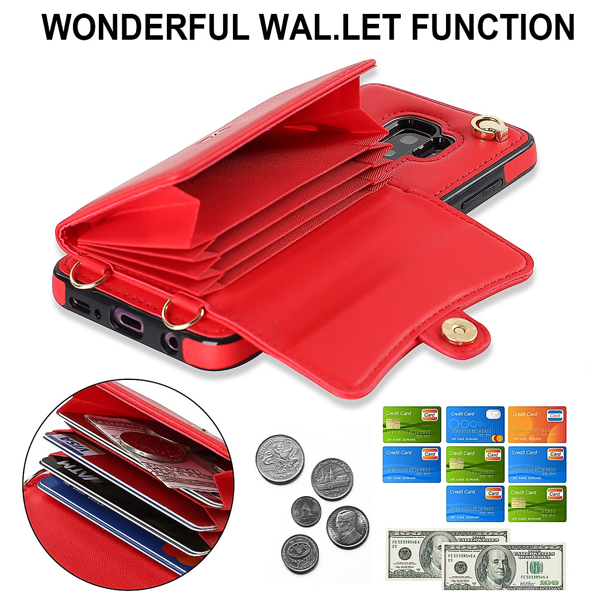 ONV Wallet Case Compatible with Samsung Galaxy S9 Plus - Adjustable Crossbody Lanyard [RFID] Metal Closure Card Holder Slots Cash Pocket Stand Multifunction Cover for Samsung Galaxy S9 Plus [FQ] -Red