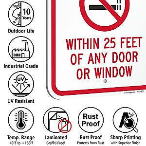 SmartSign 18 x 12 inch “No Smoking - Within 25 Feet of Any Door Or Window” Metal Sign, 63 mil Laminated Rustproof Aluminum, Red, Black and White