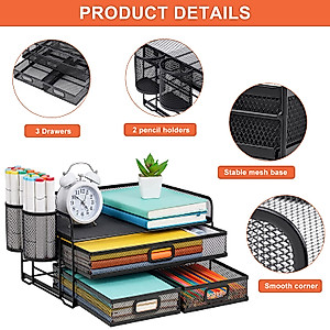 Marbrasse 3 Tier Mesh Desk Organizer with Drawer, Multi-Functional Desk Organizers and Accessories, Paper Letter Organizer with 2 Pen Holder for Home Office Supplies - Black