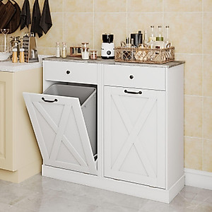 Bocarali Double Tilt Out Trash Cabinet, 20 Gallon Wood Free Standing Laundry Sorter Trash Can with Dual Drawers, Kitchen Garbage Can Recycling Bin Cabinet for Living Room Bathroom, White