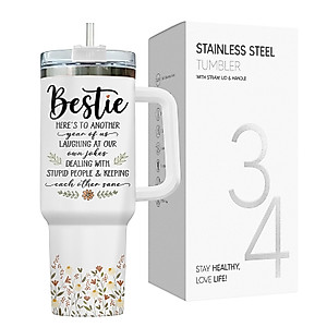 34HD 40oz Bestie Tumbler with Handle and Straw, Vacuum Insulated Friend Coffee Mug with Quote, Anniversary, Birthday Gifts for Best Friend, Coworkers, Sisters, Women