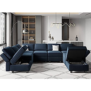 Belffin Modular Velvet Sectional Sofa with Storage Seat Oversized U Shaped Couch with Reversible Chaise Sofa Set with Ottoman Blue