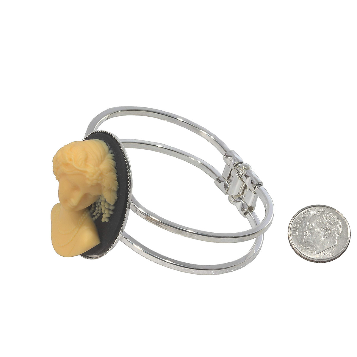 Hinged 3-D Victorian Acrylic Cameo Cabochon Silver Plated Bangle Bracelet + GIFT BAG