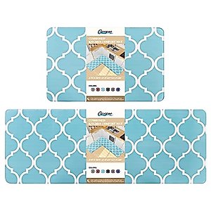 Carvapet Moroccan Trellis Kitchen Mat 2 PCS Cushioned Anti-Fatigue Kitchen Rug Waterproof Non-Slip Rugs PVC Ergonomic Comfort Standing Foam Mats for Office Laundry, Teal, 17.3''x27.5''+17.3''x47.2''