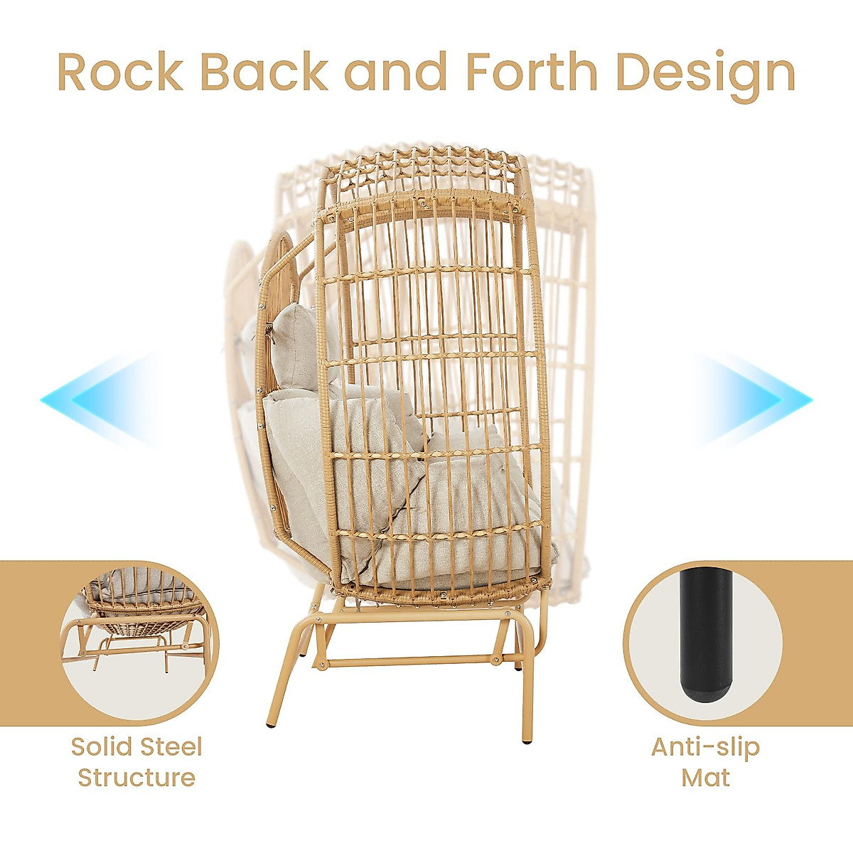 LUMIINOFAMI Outdoor Glider Egg Chair, Oversized 2 Person Egg Rocking Chair with Thick Cushions, Wicker Egg Chair Rattan Porch Furniture Loveseat Lounge Chair for Bedroom Sunroom Backyard(Yellow)