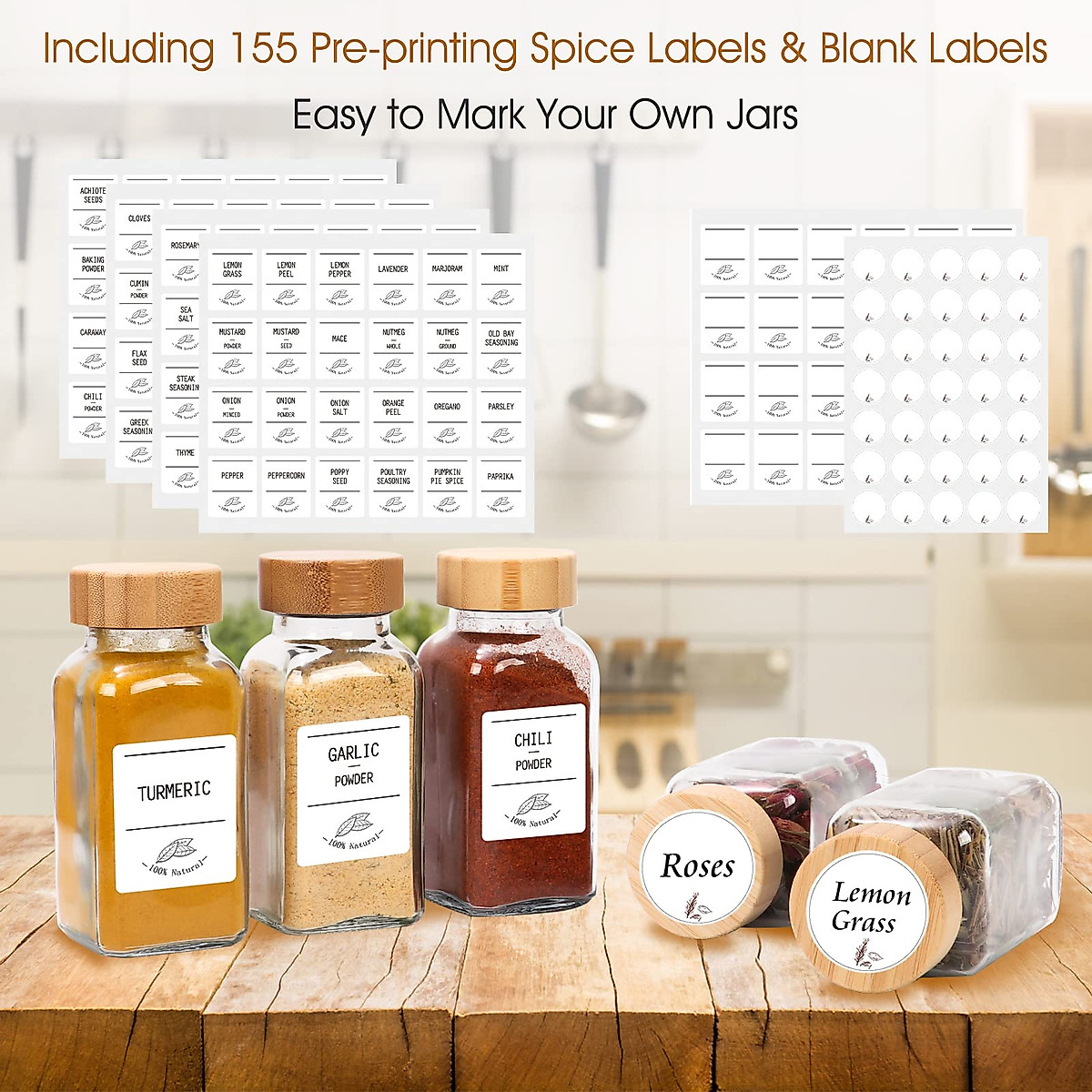 24 Pcs Glass Spice Jars with Airtight Bamboo Lids, 6oz 180ml Empty Square Seasoning Bottles Containers with Shaker Lids, Labels, Measuring Spoon& Silicone Funnel Good for Spice Rack Cabinet Drawer