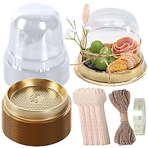 Whaline 50 Sets Disposable Individual Charcuterie Cup Set Clear Plastic Cupcake Container with Mini Wooden Spork Rope for Dessert Display Charcuterie Grazing Table Catered Event Wedding