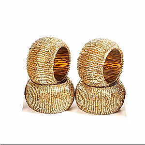 Goroly Home Beaded Napkin Rings Set of 4, Hand Made Round Beaded Napkin Rings Perfect for Christmas, Thanksgiving, Family Gatherings - A Beautiful Complements to Your Dinner Table Décor - Gold