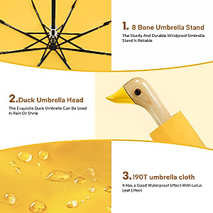 LEAGERA Compact Umbrellas for Rain&Sun, Travel Umbrella Cute Duck Head Handle Design for Girls Gifts, Steady 8 Ribs Folding Umbrella Lightweight and Small,Yellow