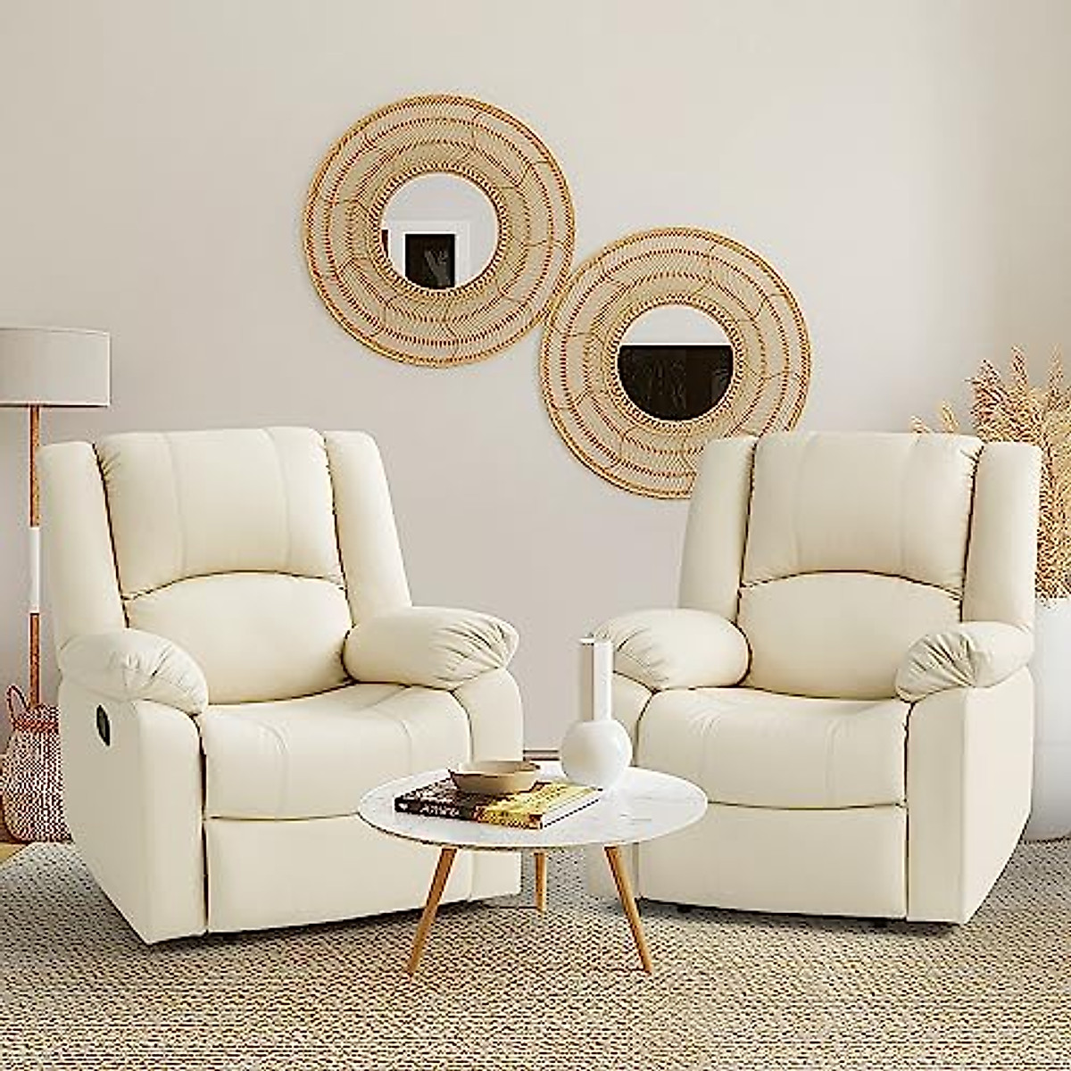 YuuYee Recliner Chair, Manual Recliners, Leather Reclining Chairs for Living Room with Overstuffed Arm and Back, Soft Armchair for Bedroom, Home Theater Lounge Seat, Beige