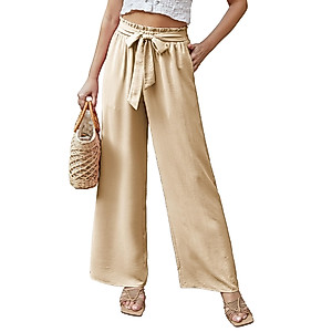 Feiersi Women Casual Wide Leg Pants High Waisted Business Work Casual Pants Loose Flowy Beach Palazzo Pants(Khaki,XX-Large)