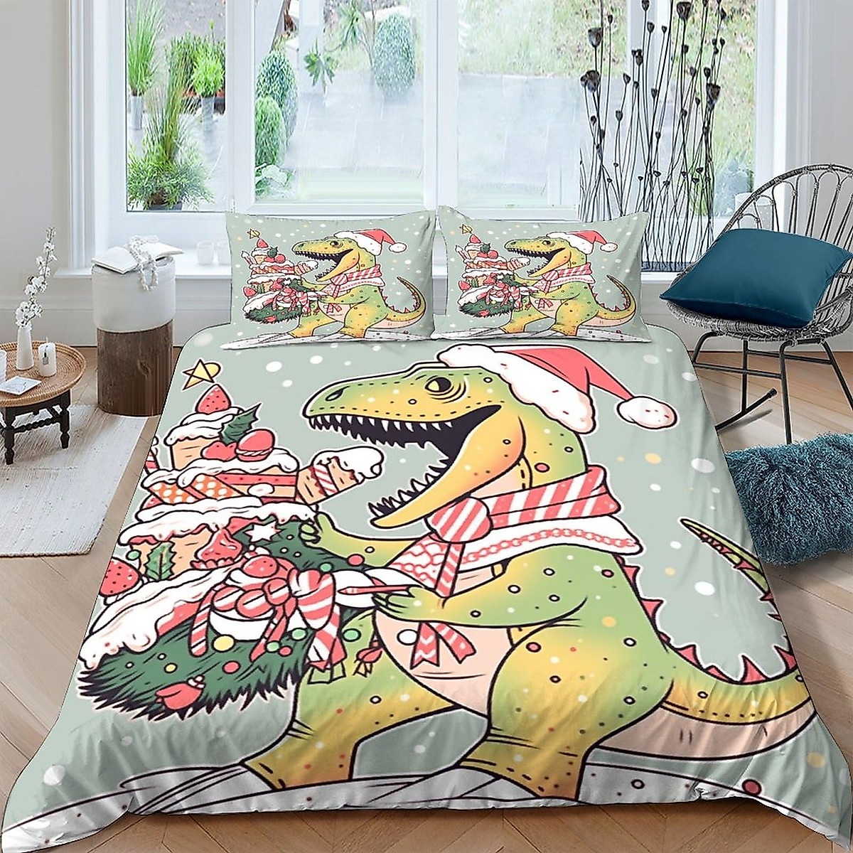 LENTLY Cartoon Dinosaur 3D Print Bedding Set Soft Microfiber Quilt Covers 3 Pieces Christmas Theme Comforter Cover with Pillowcase for Childrens and Adults Duvet Cover Twin（173x218cm）