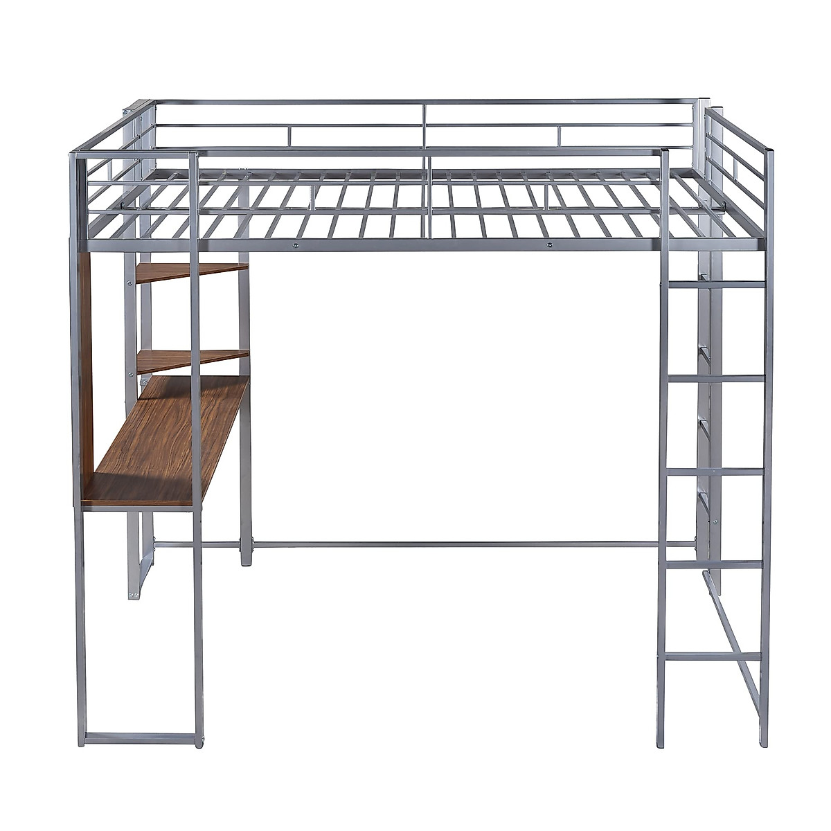 GINGVAT Full Size Metal Loft Bed with Desk and 2 Shelves,Metal Loft Bed Built-in Ladder,for Bedroom,Dorm,Apartment,Silver