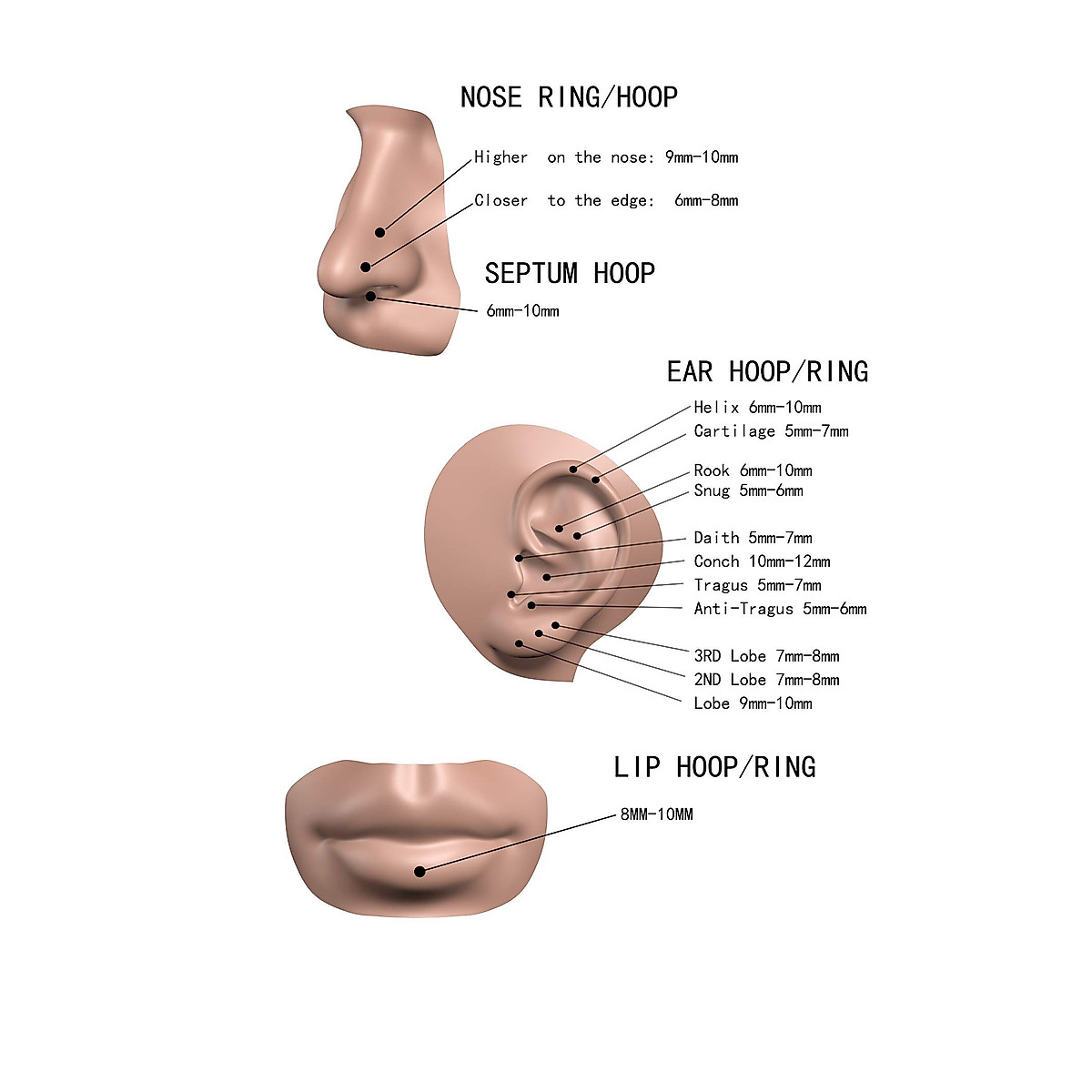 outerunner Hypoallergenic Nose Ring Hoop 2 Piece Gitanium Surgical Steel Nose Hoop 20G 18G 16G 14G (6mm-14mm) Perforated Ring Nasal Cavity Cartilage Spiral Tragus Rook Body Piercing Ring