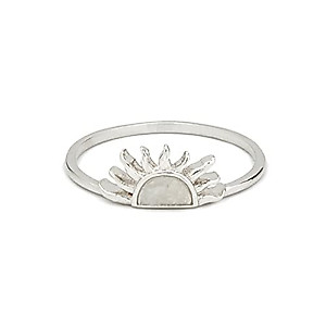 Pura Vida Silver-Plated Half Sun Ring w/Moonstone - Brass Base Band, Rhodium Plating - Size 6