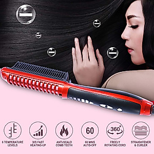 Minidiva 2-in-1 Hair Curler and Straightener with Anti-Scald, 30s Fast Ceramic Heating, 6 Heat Levels, Auto Off, 360 Swivel Cord Portable Hot Hair Straightener Brush for Home, Travel (Red)