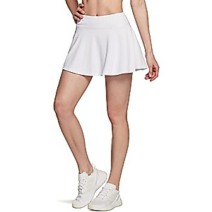 TSLA Women's Athletic Skorts Lightweight Active Tennis Skirts, Workout Running Golf Skirt with Pockets Built-in Shorts, Flared Skorts White, Small