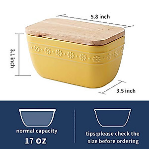 KOOV Porcelain Butter Dish with Lid for Countertop, Airtight Butter Container with Oak Lid, Butter Dishes with Covers, Butter Crock (Yellow)