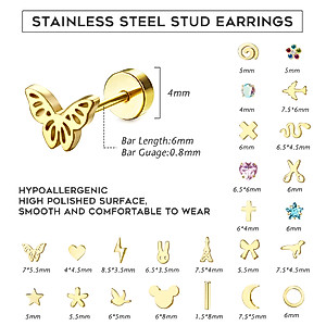 Drperfect 24 Pairs Stainless Steel Stud Earrings Set for Women Men Heart Butterfly Cat Flower Bar Cross Star Moon Snake 20G Cartilage Earrings Hypoallergenic Flatback Earrings Piercing Jewelry