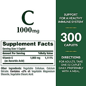 Nature's Bounty Vitamin C Caplets, 1000 mg Supplement, 300 Count