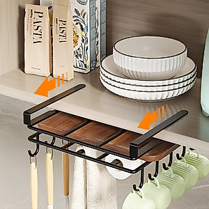 Mug Hooks Under Cabinet,Paper Towel Holder Under Cabinet,Chopping Board Organizer,No-Hole Multifunctional Stainless Steel Under Cabinet Shelf,For Kitchen Utensils,Cups,Towel,Cutting Board (Black)