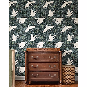 17.3"x 236.2" Wildwood Peel and Stick Wallpaper, Green Leaf and White Swan Removable Wallpaper Flying Swan Self-Adhesive Floral Wall Paper Home Deco Contact Paper for Cabinets Furniture Bedroom