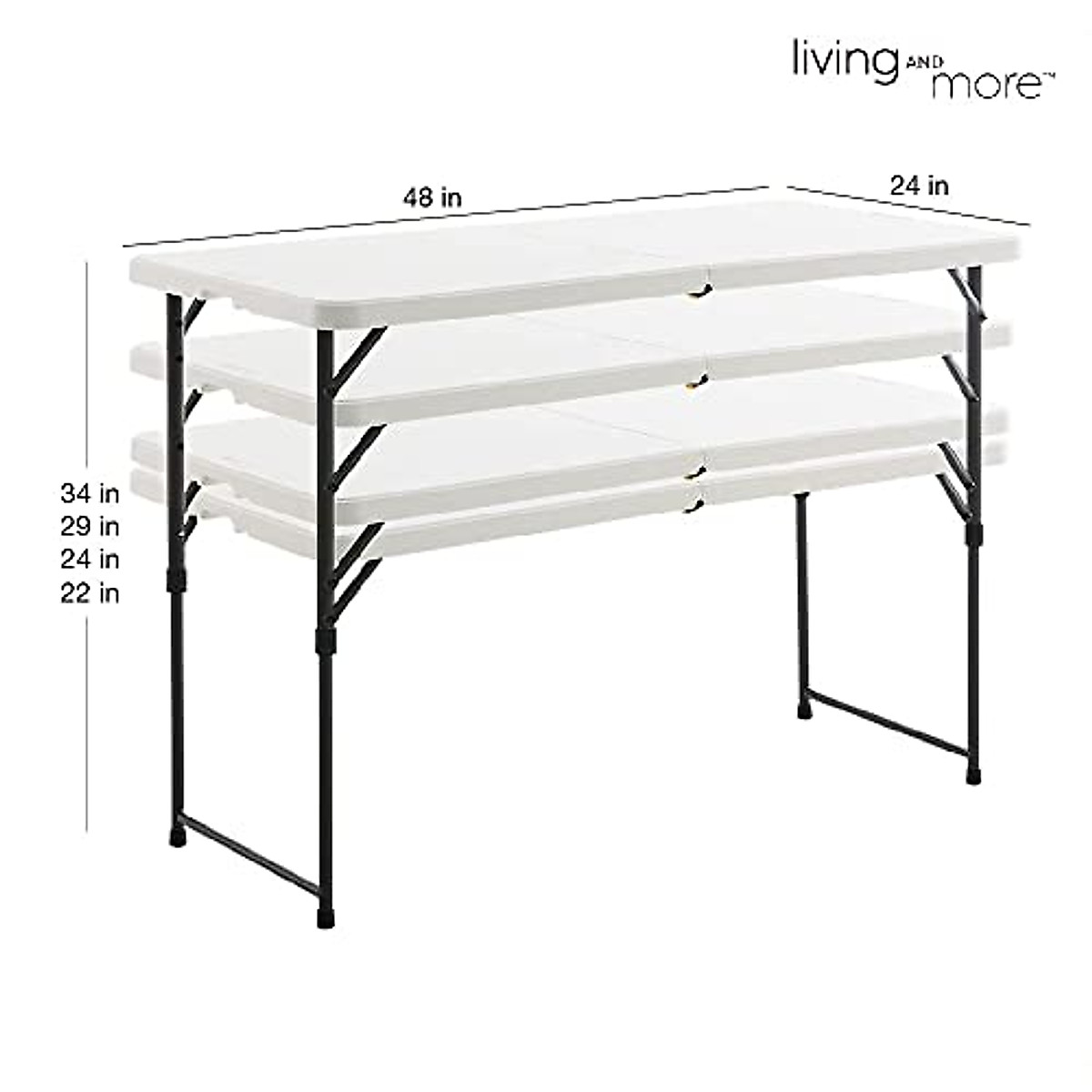 Living and More 4 Foot Height Adjustable Fold-in-Half Table with Carrying Handle, Easy Folding and Storage, Indoor Outdoor Use, White