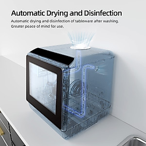 FIREGAS Portable Countertop Dishwasher, 5 L Built-in Water Tank & Inlet Hose, 6 Washing Programs Mini Dishwasher with Air-Dry Function and LED Light for Apartments, Dorms and RVs