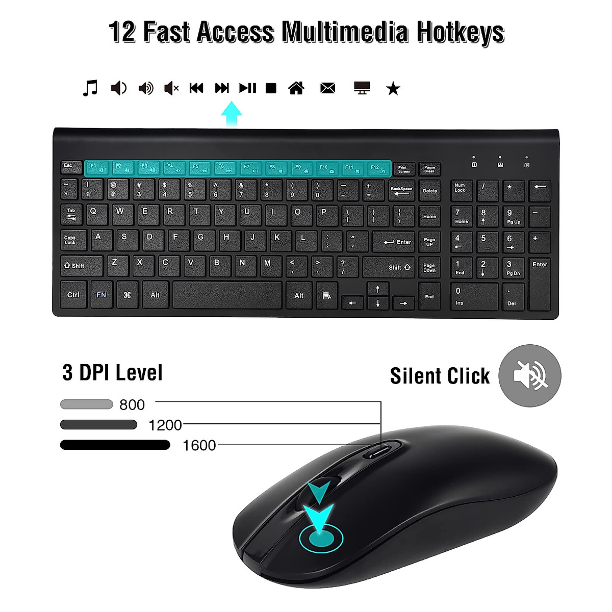 RaceGT Wireless Keyboard Mouse Combo, Energy Saving Silent Ultra - Thin Full Sized Wireless Keyboard Mouse 3 Level DPI Adjustable Mouse for Computer, Laptop and Desktop