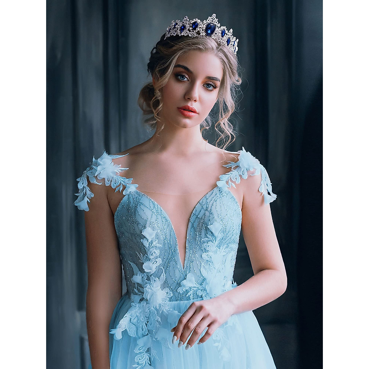 SWEETV Royal CZ Crystal Tiara for Women, Blue Wedding Crown for Brides, Princess Headpieces Bridal Hair Accessories for Birthday Party Pageant, Sapphire+Silver,Eleanor