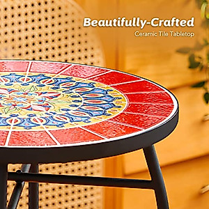 VONLUCE Outdoor Mosaic Side Table, 14 Inch Round Accent Table Plant Stand Decor with Ceramic Tile Top, Patio End Table for Garden Porch Living Room Balcony Deck Porch Pool, Red