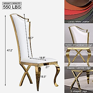 ACEDÉCOR 7 Piece Dining Table Set, Gold Kitchen and Room Sets for 6, Metal Circling Base Table in White Gold, White Leather Upholstered Chairs with Stainless Steel Legs White Table With White Chairs