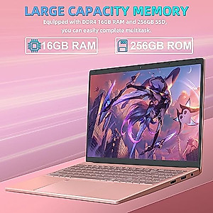 【Win 11 Pro/Office 2019】16 inch Laptop Narrow Bezels FHD (1920*1200) IPS Display, High Performance Celeron N5105 CPU, 16GB RAM, 256GB SSD, with Full Size Numeric Backlit KB, Rose gold (16G+256G SSD)