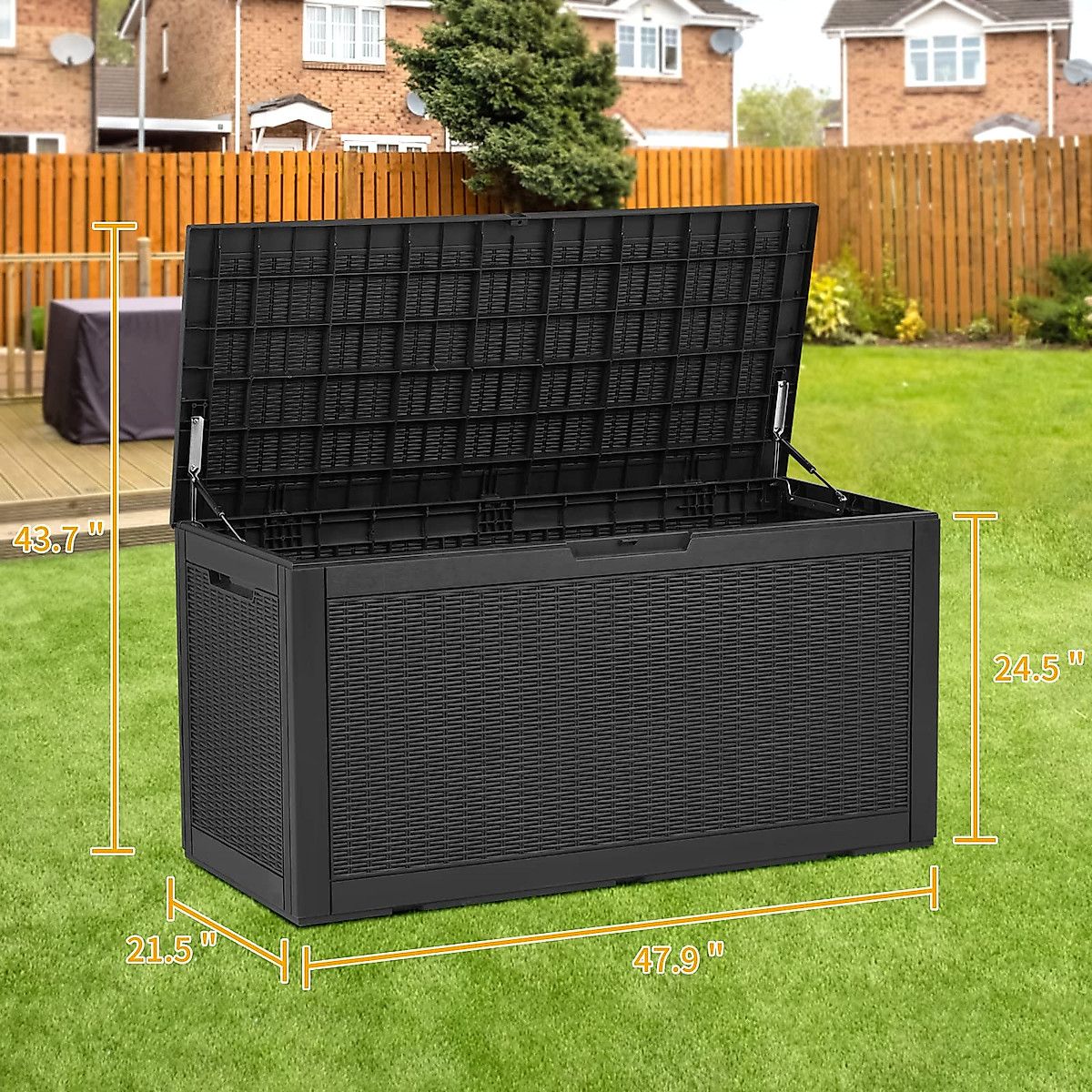 100 Gallon Deck Box with keyhole & Lid Indoor Outdoor Multifunctional Storage Box Large Lockable Resin Deck Bin Bench Waterproof Organization Storage Furniture for Storage Pool Supplies, Garden Tools