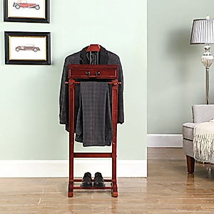 Proman Products Bombay Suit Valet Stand VL16700 with Drawer, Top Tray, Contour Hanger, Trouser Bar, and Shoe Rack, 18" W x 16" D x 48" H, Mahogany