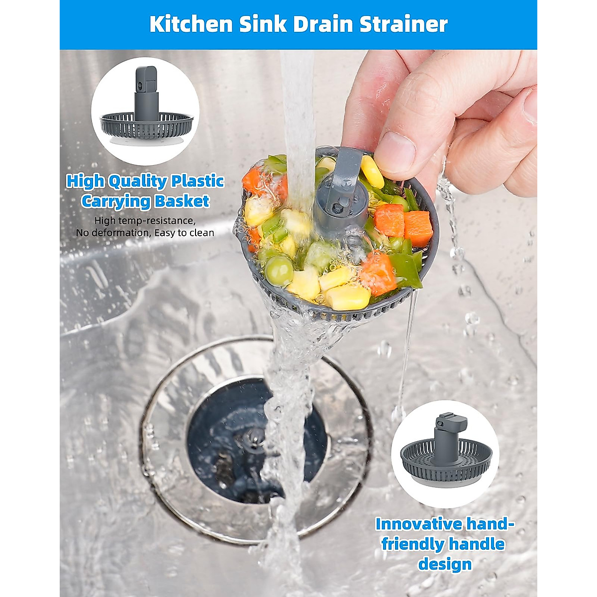 Hibbent 3 in 1 Kitchen Sink Drain Strainer and Stopper Combo, Chrome Stainless Steel Wraped Shell, Anti-Clogging Basket Strainer with Foldable Handle for US Standard 3-1/2" Drain