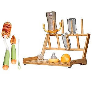 FORLIFE MARKET Space Saving Bamboo Drying Rack- Countertop Folding Baby Bottle Drying Rack, Free Bottle Brush Set, Dish, Cup Organizer- Use as a Travel Baby Bottle Cleaning Kit, Accessories