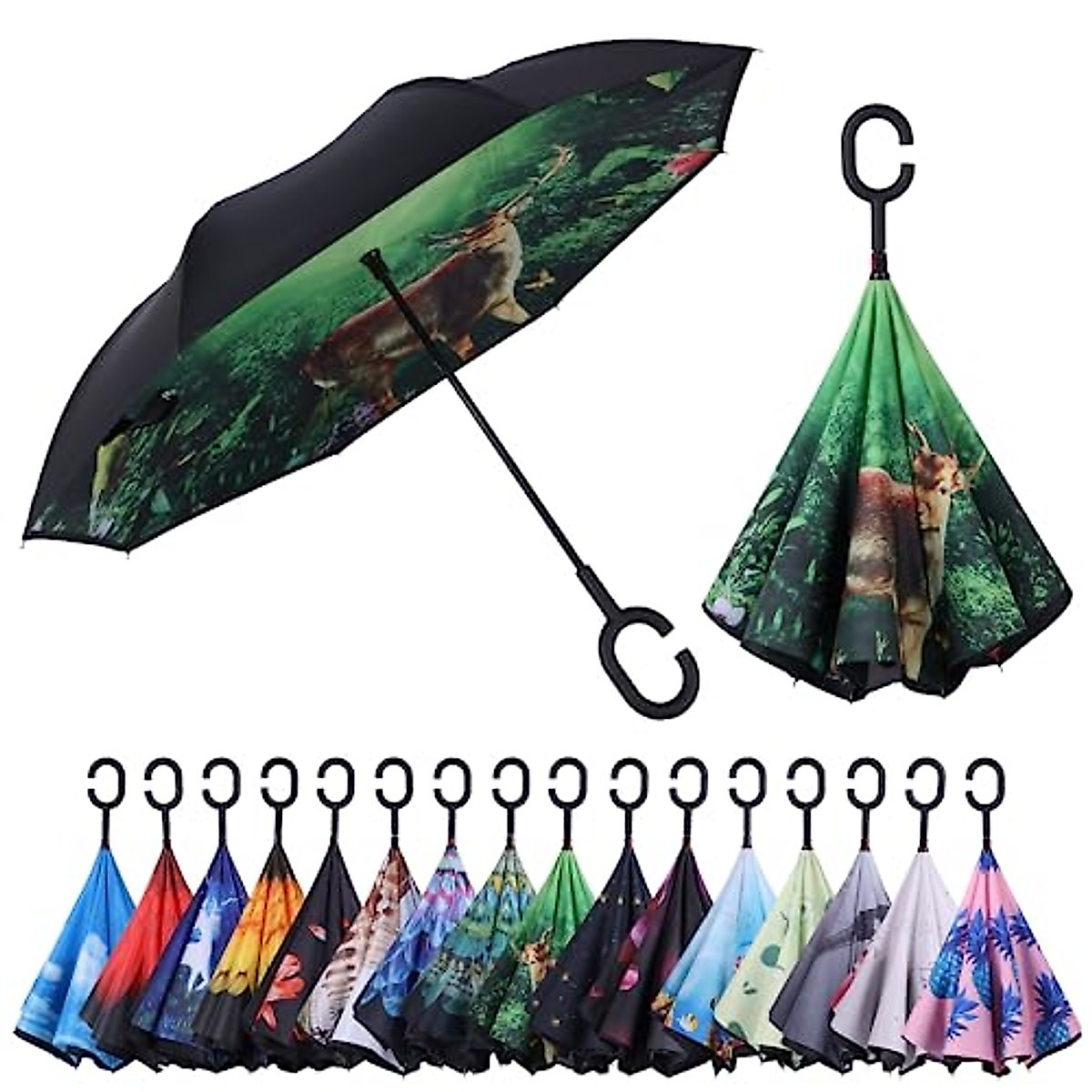 Wxjiahetai Inverted Reverse Umbrella with C-shaped Handle Windproof Upside Down Umbrellas for Rain Double Layer Hands Free Umbrella for Women and Men (Forest Elk)