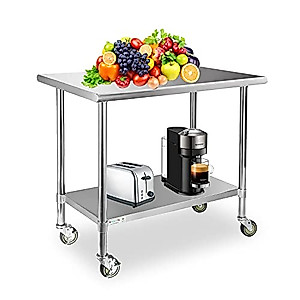 STABLEINK Stainless Steel Table with Caster Wheels 36 x 24 Inches, NSF Commercial Prep & Work Table with Adjustable Undershelf and Table Foot, for Commercial Kitchen, Restaurant, Hotel and Garage