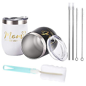 Homlouue New Parents Wine Tumbler Set, Mom Dad Est 2021 Tumbler Set for New Mom Baby Shower New Parents New Pregnancy Baby Announcement, 12 Oz Insulated Stainless Steel Wine Tumbler, Black and White