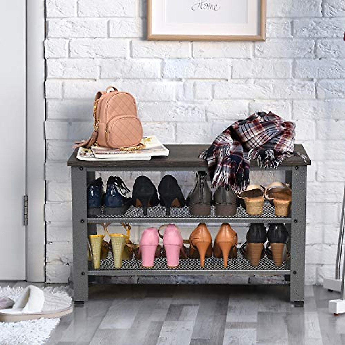 ADtest Industrial Bench, Entryway Rack with 2 Mesh Shelves, Shoe Storage Shelf Organizer, Sliver